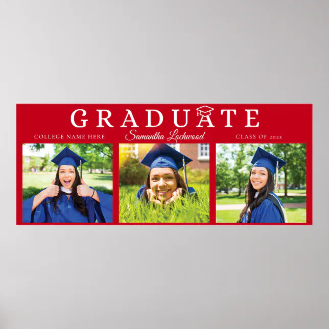 Graduation 2025 Grad 3 Photos Red Script Poster | Zazzle