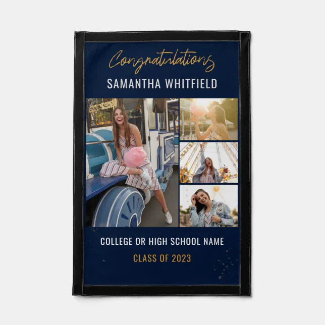Graduation 2025 Photo Collage Navy Graduate Decor Pennant | Zazzle