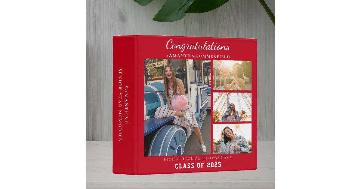 Graduation 2025 Photo Collage Red Grad Keepsake 3 Ring Binder | Zazzle