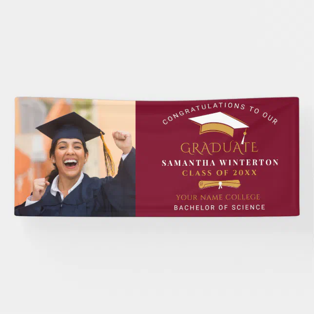 Graduation 2025 Photo Grad Cap Burgundy Banner | Zazzle