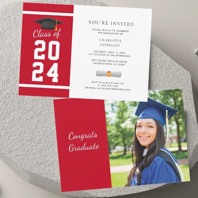 Graduation 2025 Photo Red White Grad Party Invitation | Zazzle
