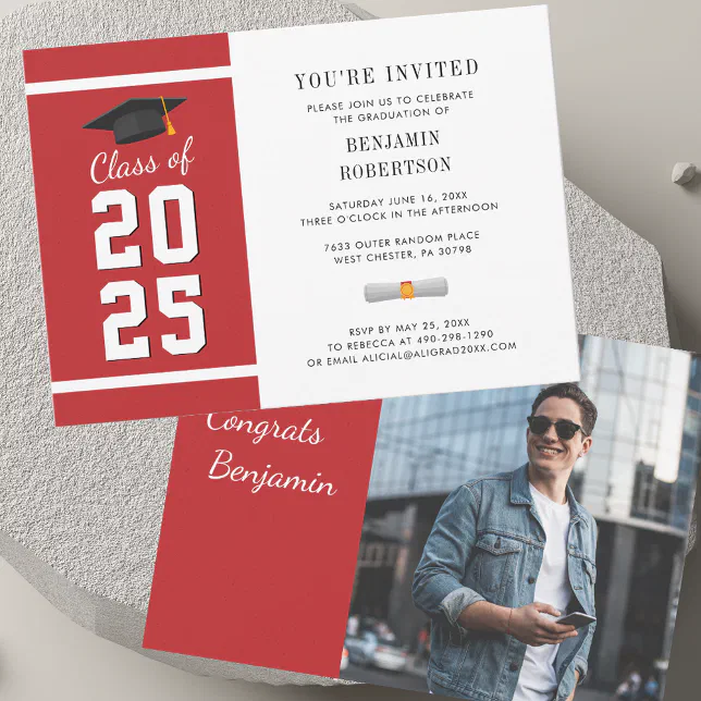 Graduation 2025 Red and White Grad Photo Party Invitation | Zazzle