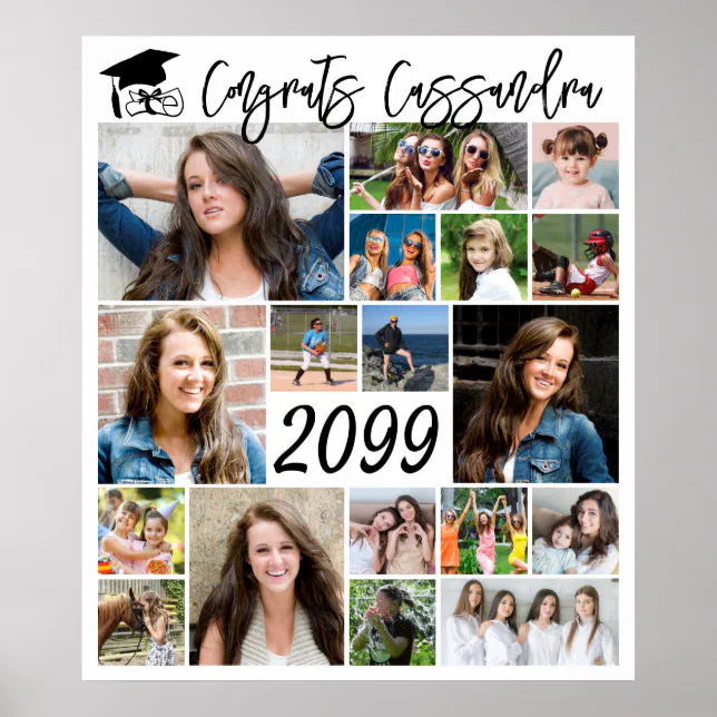 Graduation 21 Photo Collage Script Custom Color Poster | Zazzle