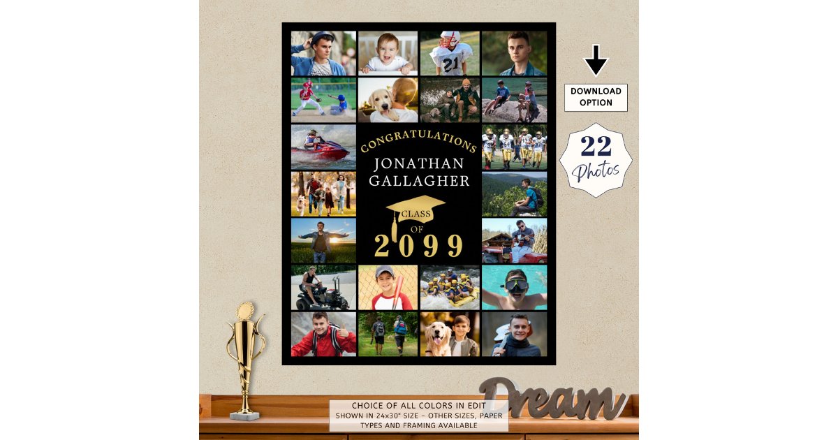 Graduation 22 Photo Collage Congrats Black Gold Poster | Zazzle