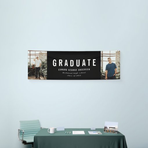 Graduation 2 photo black and white modern party banner | Zazzle