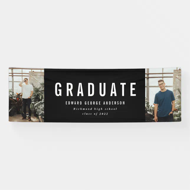 Graduation 2 photo black and white modern party banner | Zazzle