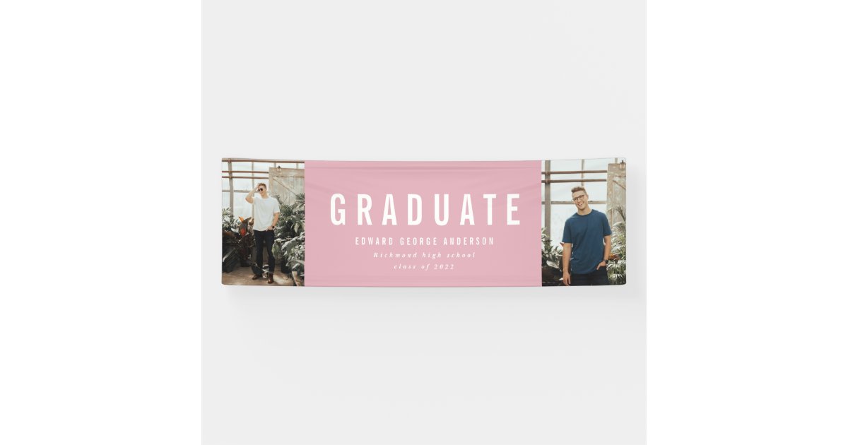 Graduation 2 photo pink and white modern party banner | Zazzle