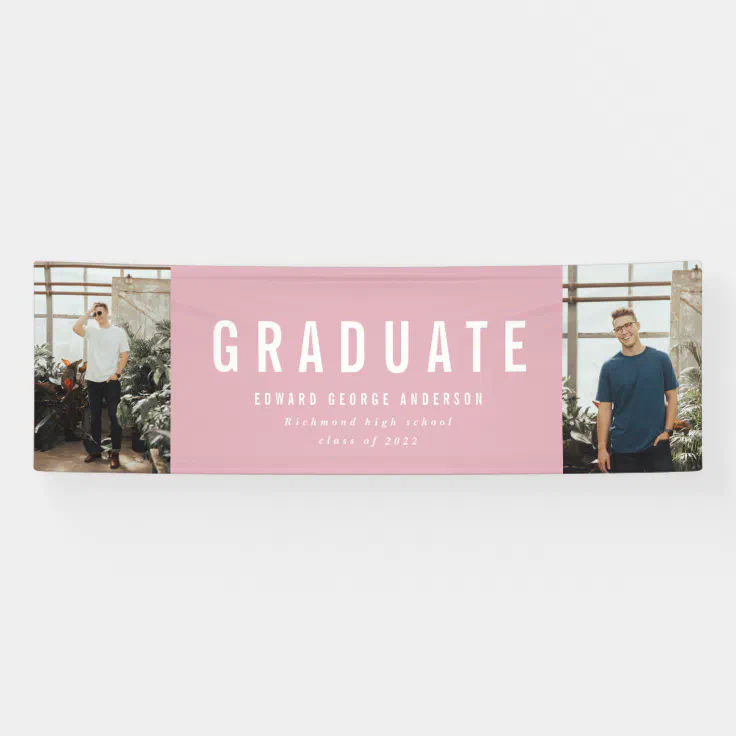 Graduation 2 photo pink and white modern party banner | Zazzle