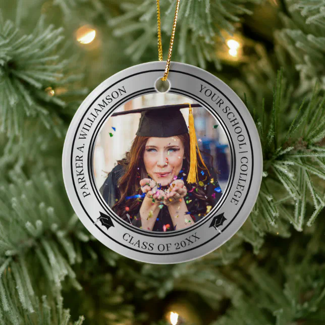 Graduation 2 Photo Silver Tone Grad Cap Class Year Ceramic Ornament ...