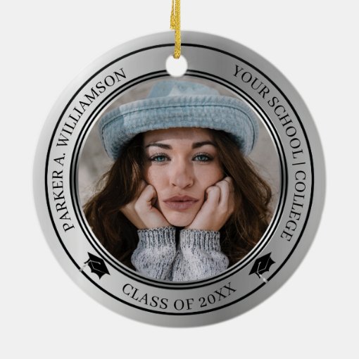 Graduation 2 Photo Silver Tone Grad Cap Class Year Ceramic Ornament ...