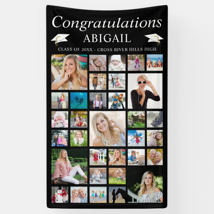 Graduation 33 Photo Collage Minimal Black Banner | Zazzle