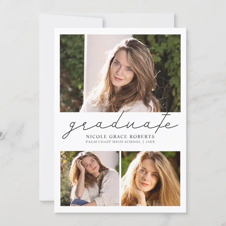 Graduation 3-Photo Collage Easy DIY Modern Script Announcement | Zazzle