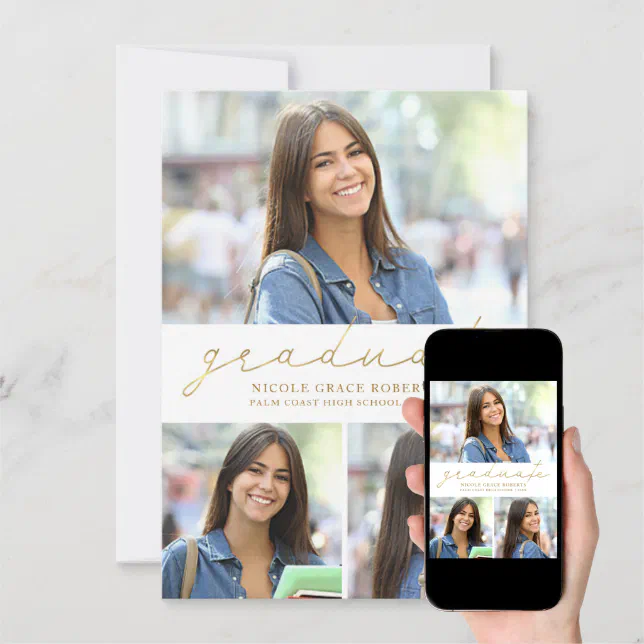 Graduation 3-Photo Collage Easy Edit Gold Script Announcement | Zazzle