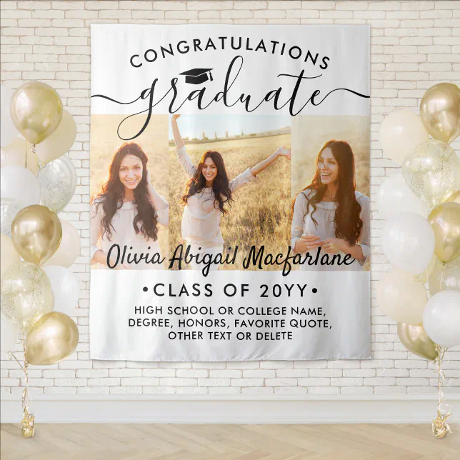 Graduation 3 Photo Collage Large Modern Backdrop | Zazzle