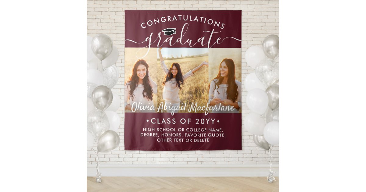 Graduation 3 Photo Collage Maroon & White Backdrop | Zazzle
