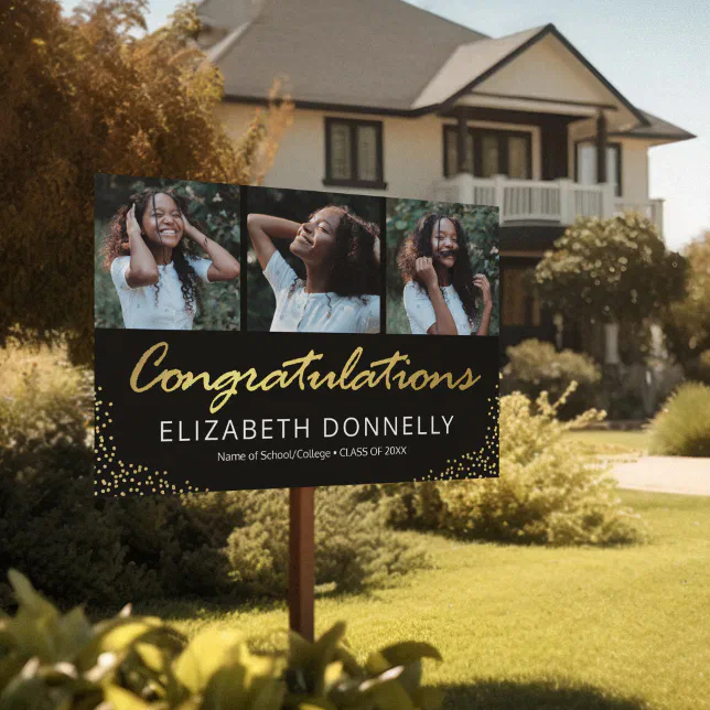 Graduation 3 Photo Modern Black Gold Sign | Zazzle