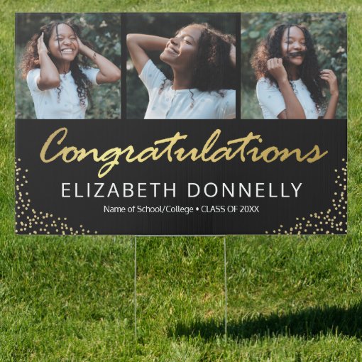 Graduation 3 Photo Modern Black Gold Sign | Zazzle