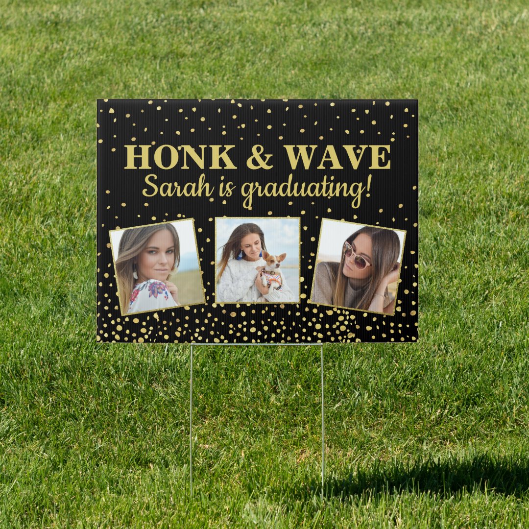 Graduation 3 Photos Black Gold Glitter Honk Wave Sign | Zazzle