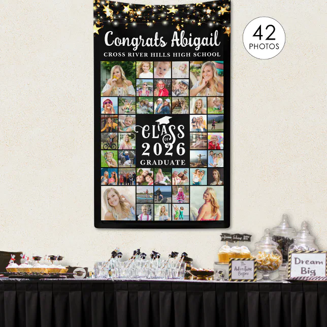 Graduation 42 Photo Collage Script Class Year Banner | Zazzle