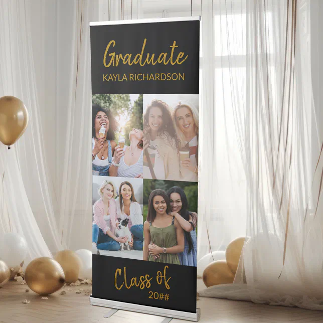 Graduation 4 Photo Collage Black and Gold Retractable Banner | Zazzle