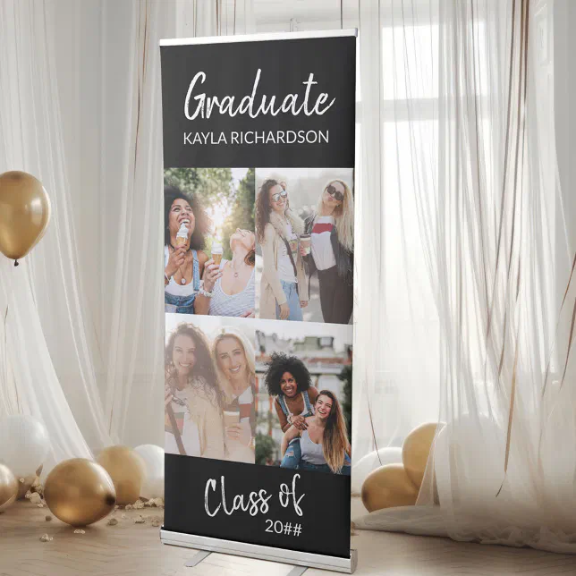 Graduation 4 Photo Collage Black and White Retractable Banner | Zazzle