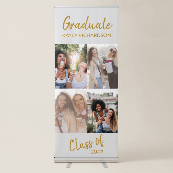 Graduation 4 Photo Collage Grey and Gold Retractable Banner | Zazzle.com