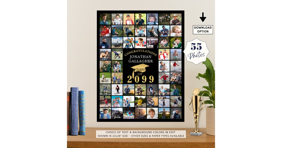 Graduation 55 Photo Collage Black Gold Cap Poster | Zazzle