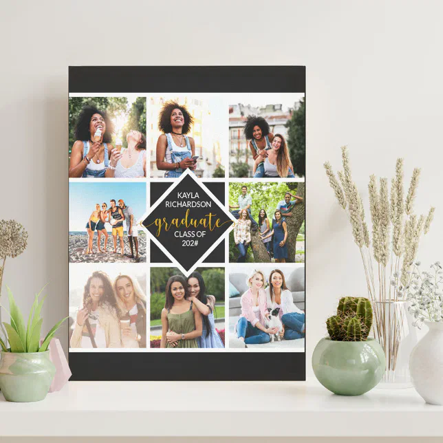 Graduation 8 Photo Collage Black and Gold Custom Canvas Print | Zazzle