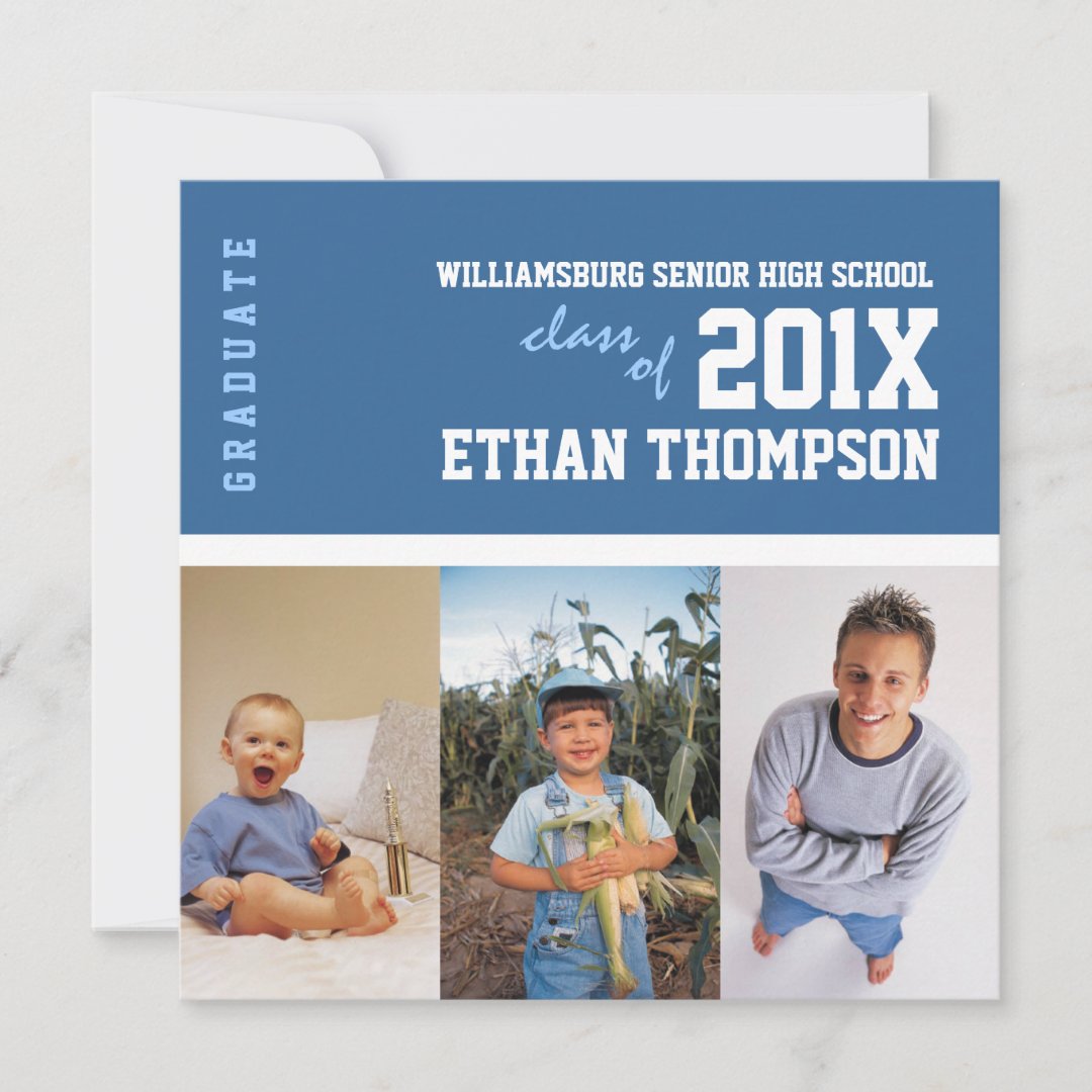 Graduation Announcement 3 Photo Collage in Blue | Zazzle