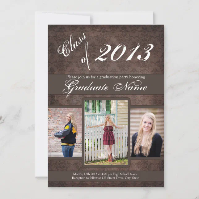 Graduation Announcement - 4 Photo Grunge Damask | Zazzle
