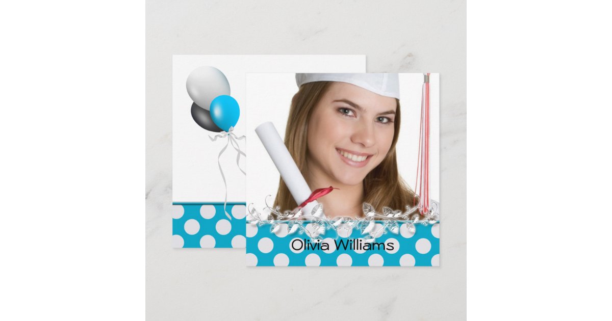graduation aqua polka dot border invitation | Zazzle
