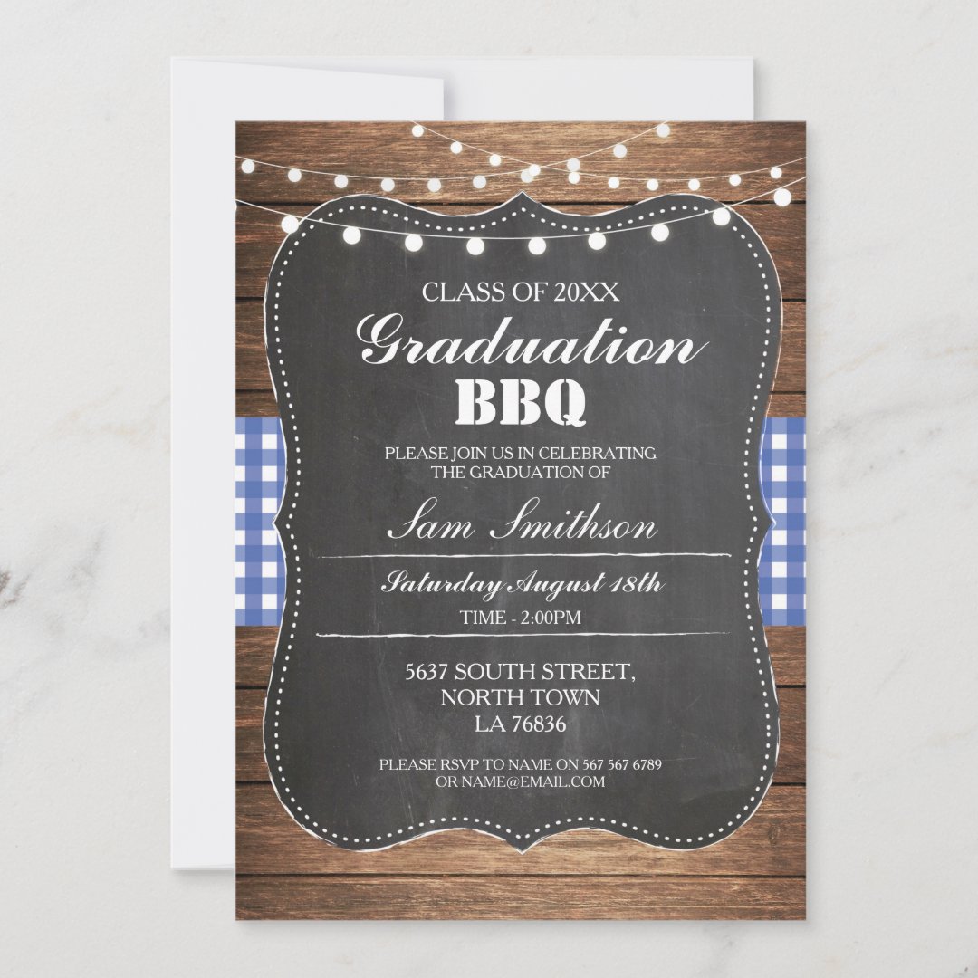 Graduation BBQ Invitation Blue Rustic Chalk | Zazzle