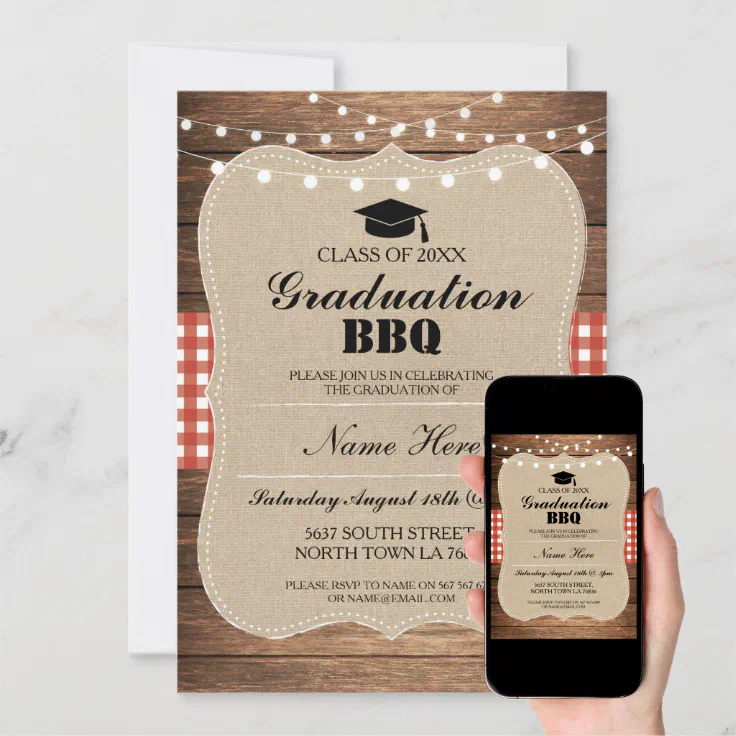 Graduation BBQ Invitation Red Rustic Wood | Zazzle