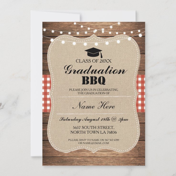 Graduation BBQ Invitation Red Rustic Wood | Zazzle