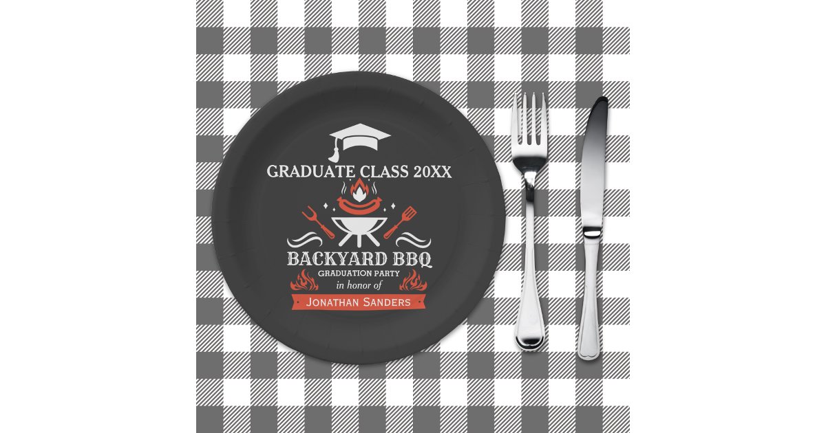 Graduation BBQ Party Backyard Black Paper Plates | Zazzle