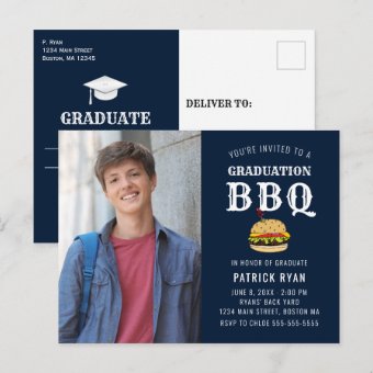 Graduation BBQ Party Blue White Stripe Invitation Postcard | Zazzle