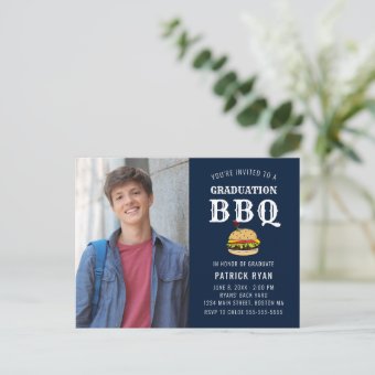 Graduation BBQ Party Blue White Stripe Invitation Postcard | Zazzle
