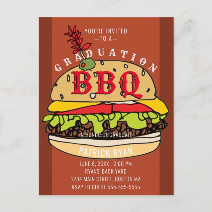 Graduation BBQ Party Burger Invitation Postcard | Zazzle