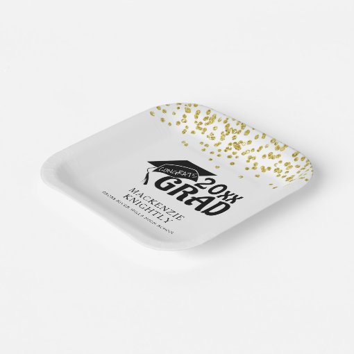 Graduation Black Gold CONGRATS GRAD Confetti Paper Plates | Zazzle