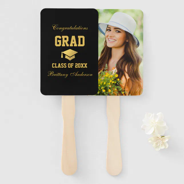 Graduation Black Gold Graduate Photo Long Hand Fan | Zazzle