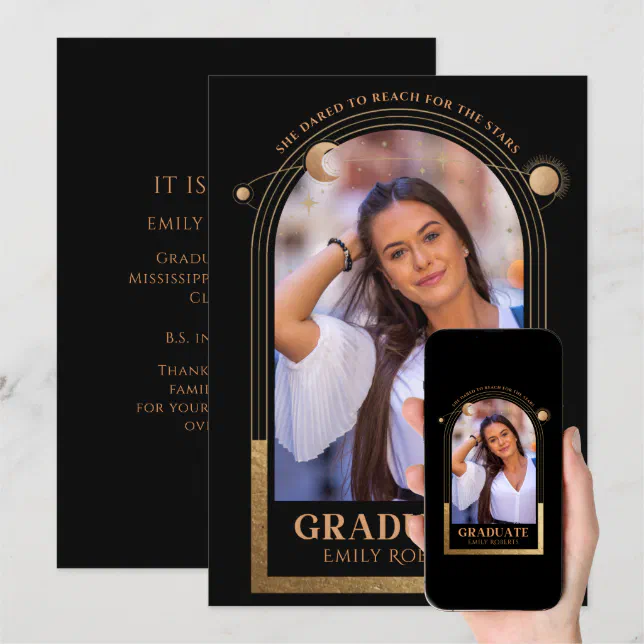 Graduation Black Gold Sun Moon Stars Grad Photo Invitation | Zazzle