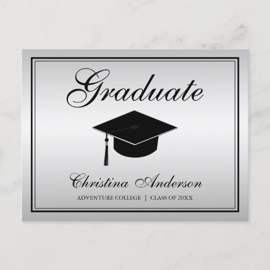 Graduation Black Grad Cap & Script on Silver Party Invitation Postcard ...