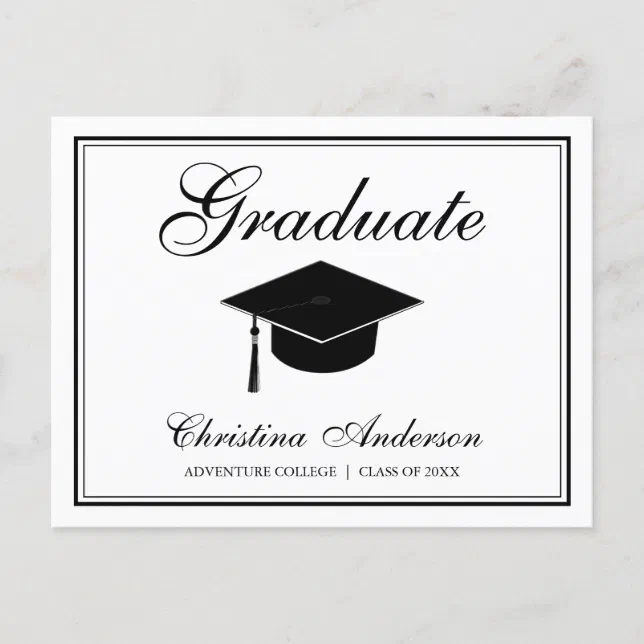Graduation Black Grad Cap & Script on White Party Invitation Postcard ...