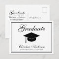 Graduation Black Grad Cap & Script on White Party Invitation Postcard ...