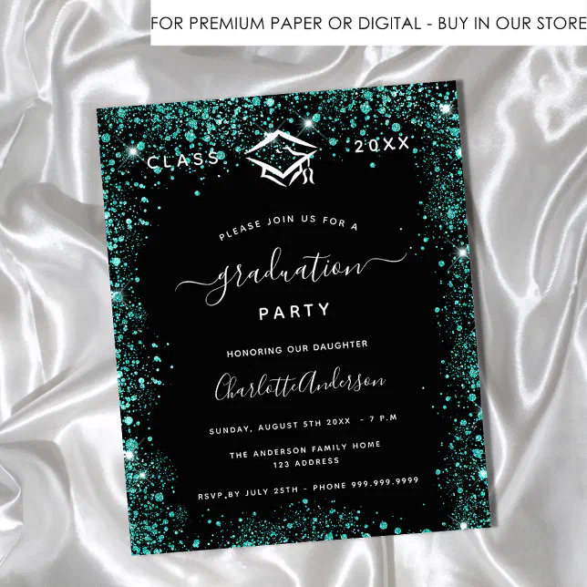 Graduation black green teal budget invitation flyer | Zazzle