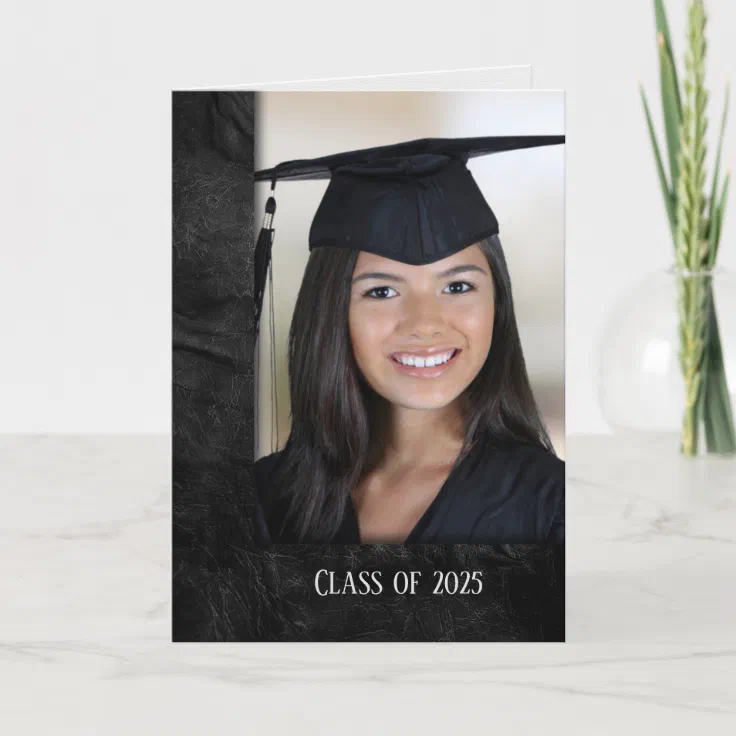 Graduation black leather photo frame invitation | Zazzle
