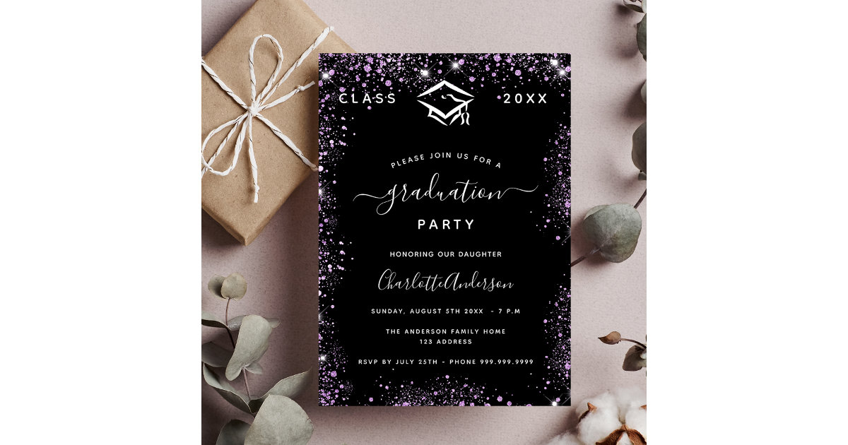 Graduation black purple violet glitter glamorous invitation postcard ...