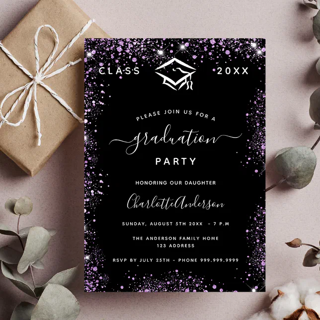 Graduation black purple violet glitter glamorous invitation postcard ...
