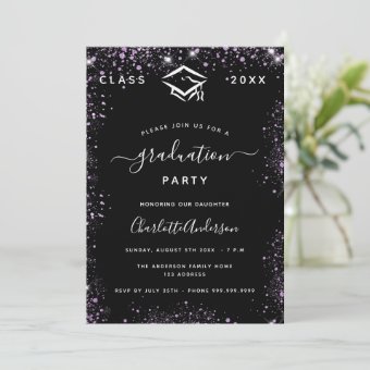 Graduation black purple violet glitter luxury invitation | Zazzle