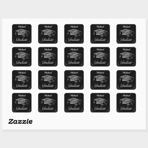 Graduation Black & Silver, Cap & Diploma Square Sticker | Zazzle